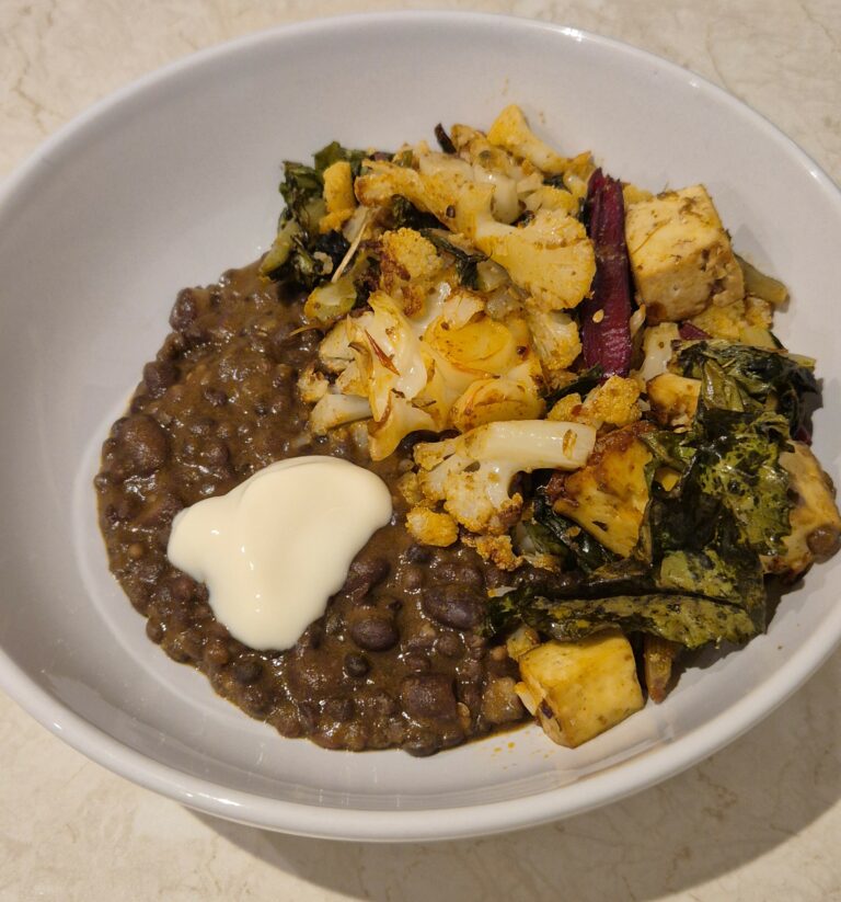 Cauliflower, Chard and Tofu Traybake with black bean dahl